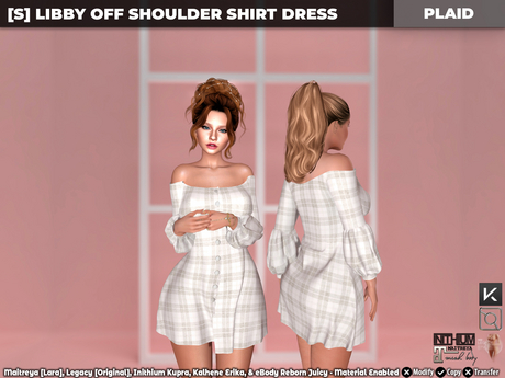 Second Life Marketplace - [S] Libby Off Shoulder Shirt Dress Plaid